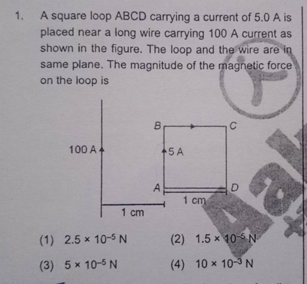 A square loop ABCD carrying a current of 5.0 A is placed near a long wire..