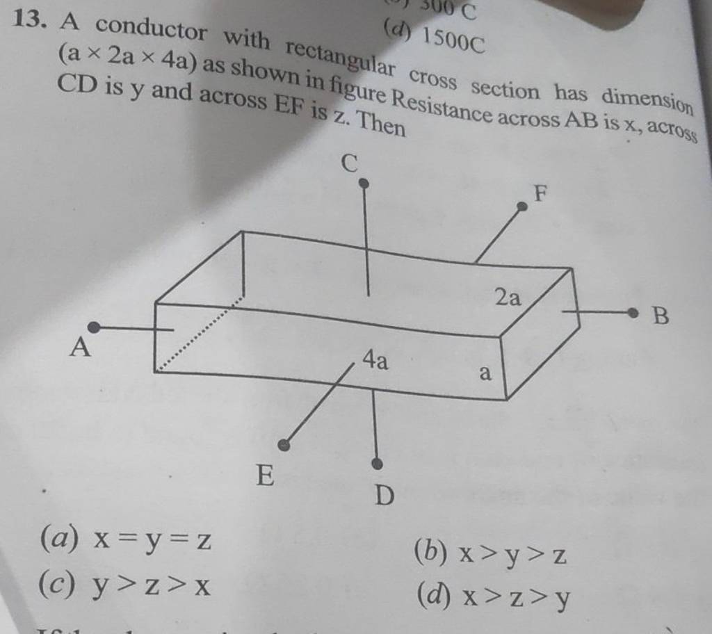 A conductor with rectangul ( d )1500C (a×2a×4a) as shown in figular cross..