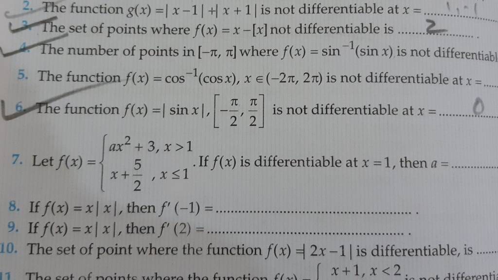 2. The function g(x)=∣x−1∣+∣x+1∣ is not differentiable at x= The set of p..