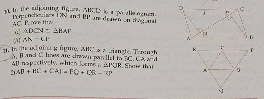 10. In the adjoining figure, ABCD is a parallelogram. Perpendiculars DN a..