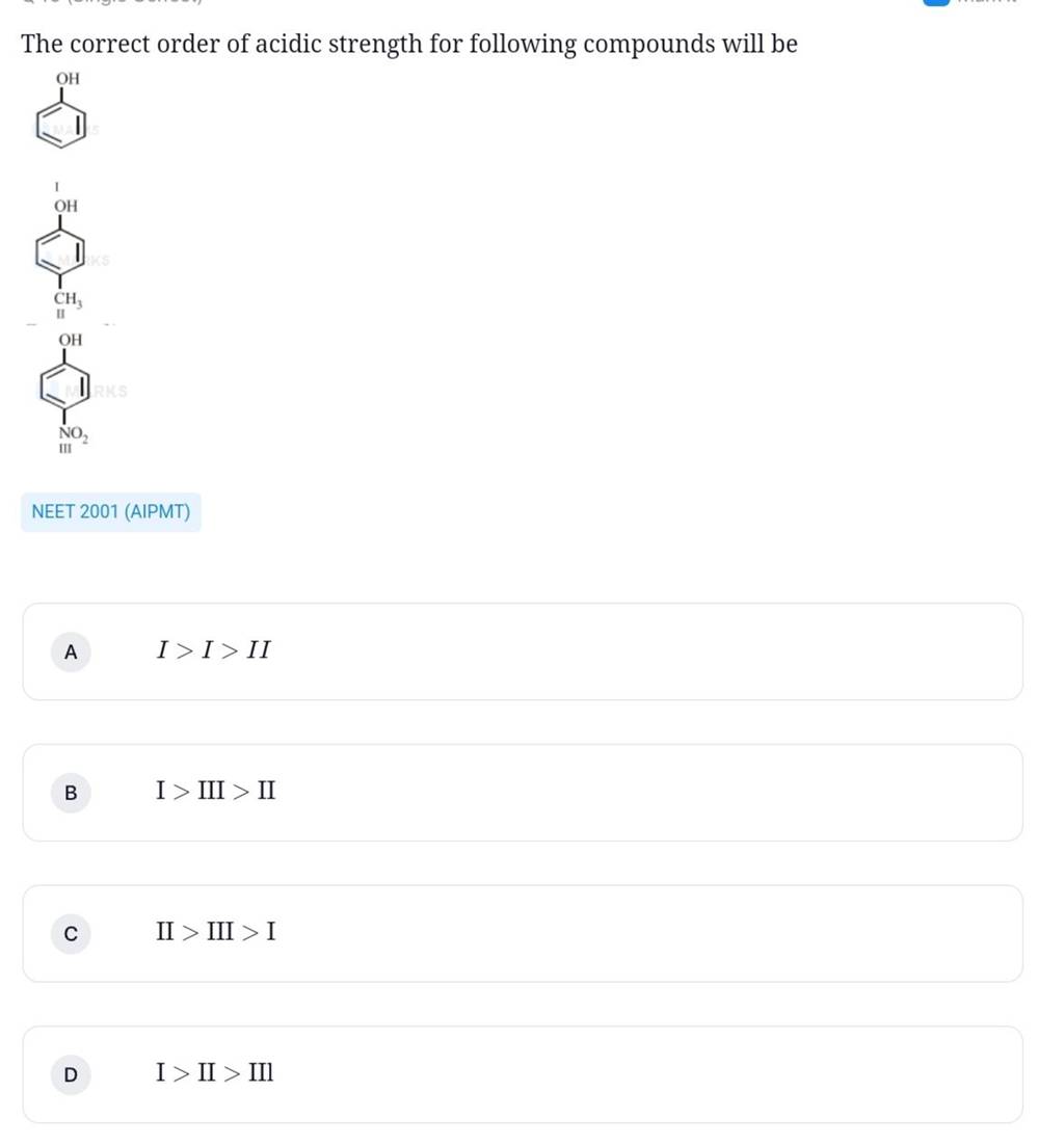 The correct order of acidic strength for following compounds will be NEET..
