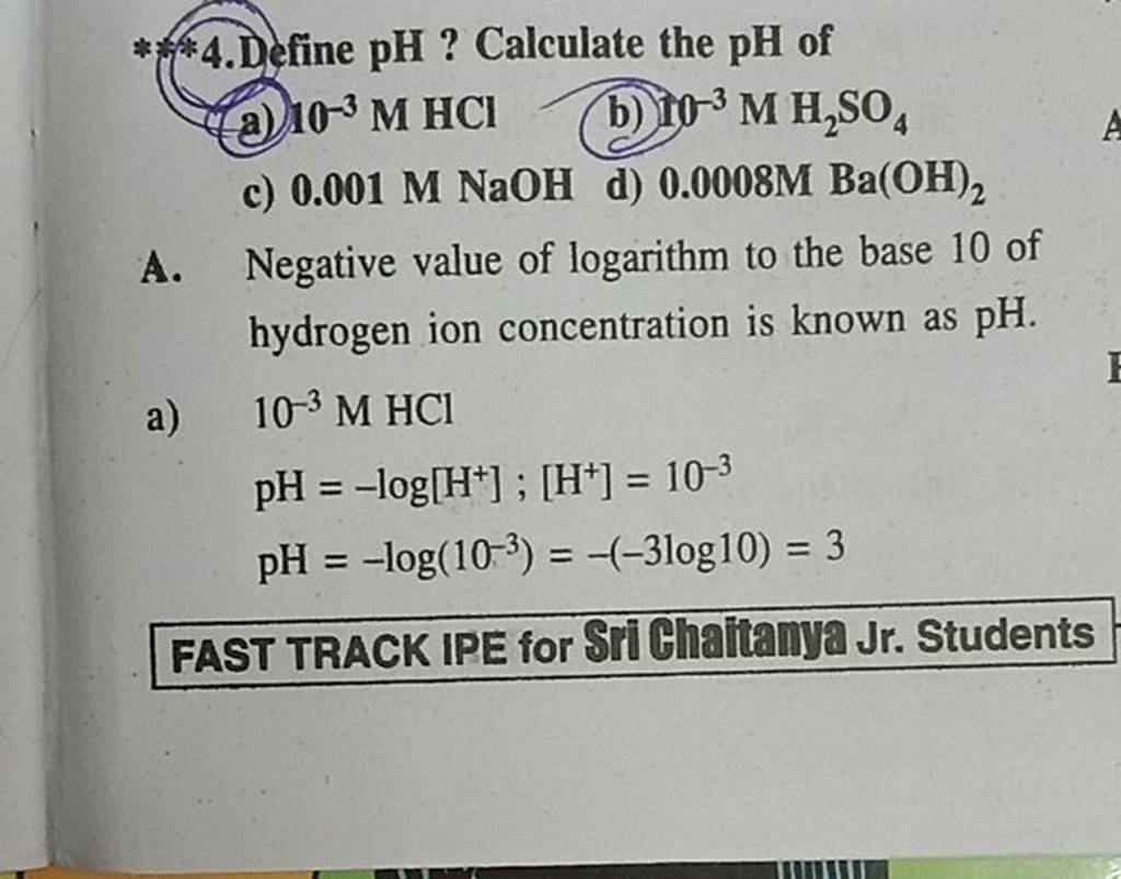 Negative value of logarithm to the base 10 of hydrogen ion concentration