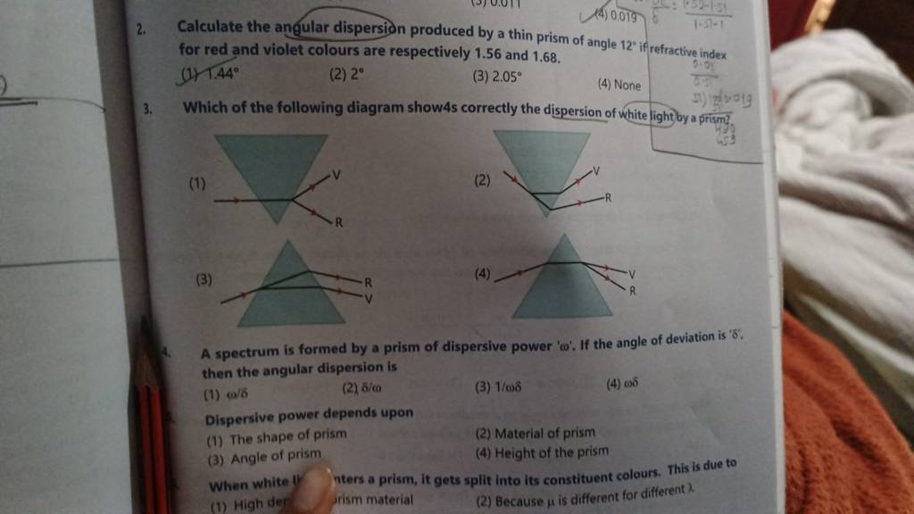 Calculate the angular dispersion produced by a thin prism of angle 12∘ if..