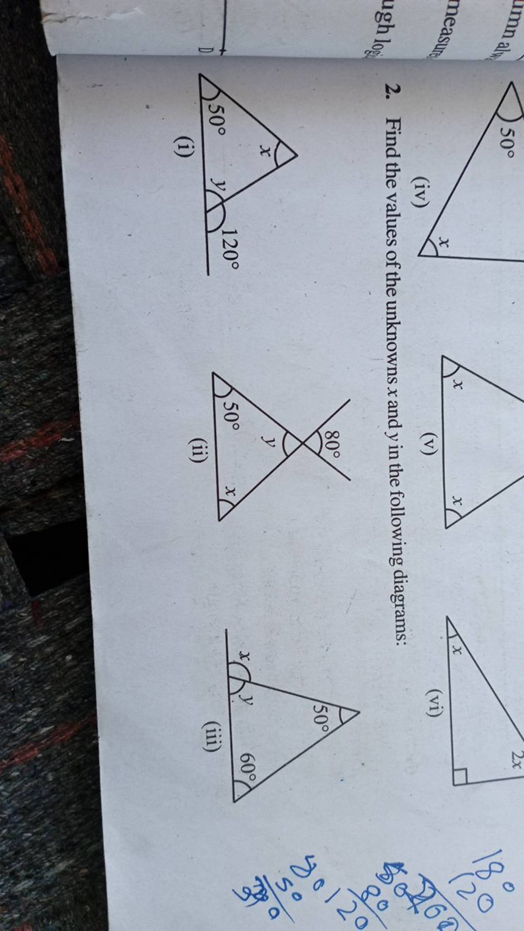 (iv)2. Find the values of the unknowns x and y in the following diagrams:.. (iv)2. Find the values of the unknowns x and y in the following diagrams:..