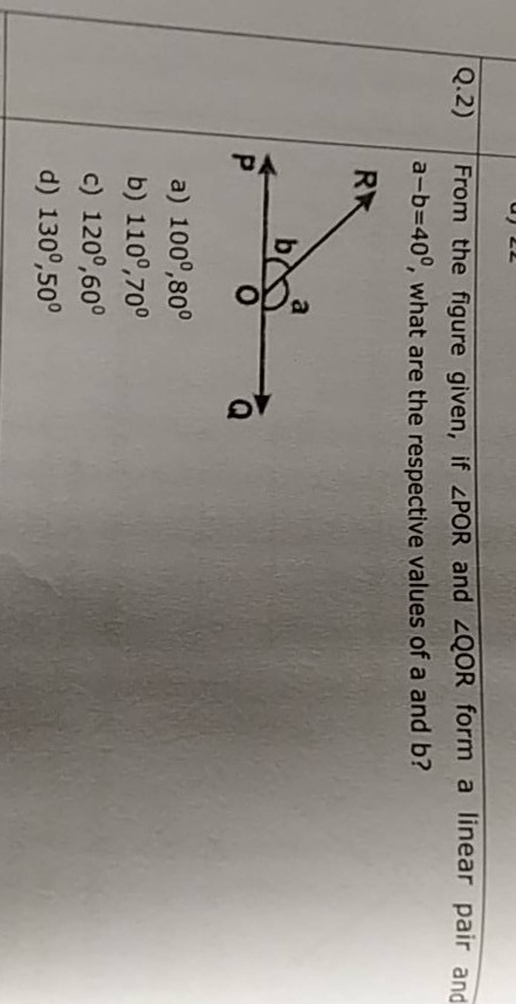 Q.2) From the figure given, if ∠POR and ∠QOR form a linear pair and a−b=4..