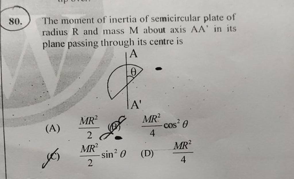 80. The moment of inertia of semicircular plate of radius R and mass M ab..