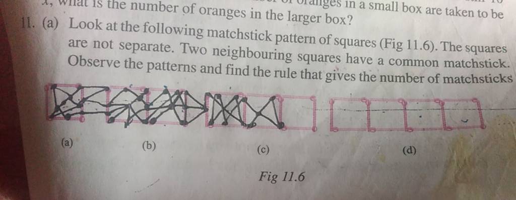 11. (a) Look at the following matchstick pattern of squares (Fig 11.6). T..