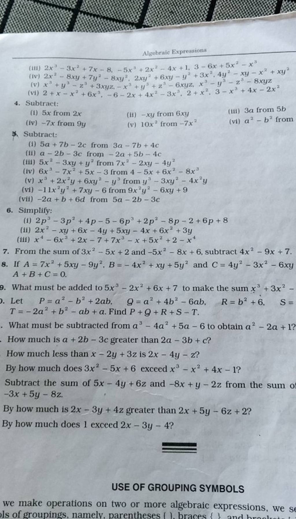 Algebraic Expressions (iii) 2x3−3x2+7x−8.−5x3+2x2−4x+1, 3−6x+5x2−x3 (iv)