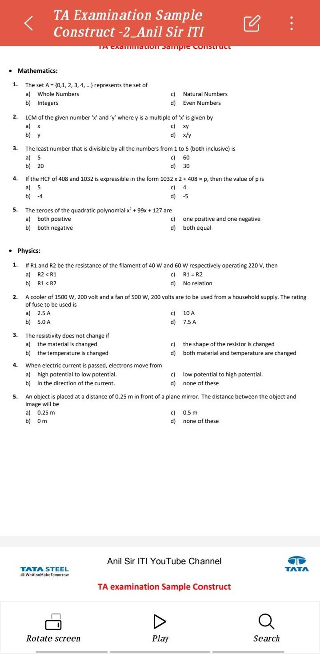 Ta Examination Sample Construct 2 Anil Sir Iti Mathematics 1 The Set