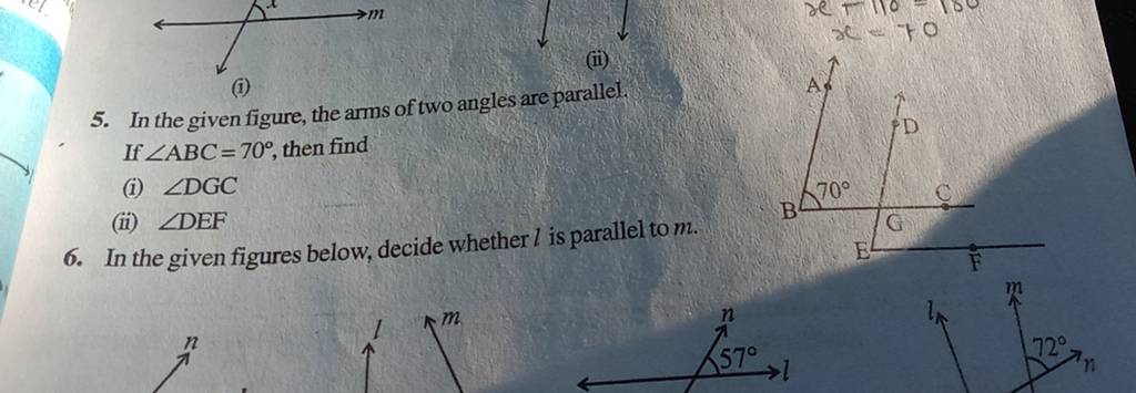 5. In the given figure, the arms of two angles are parallel. If ∠ABC=70∘,..