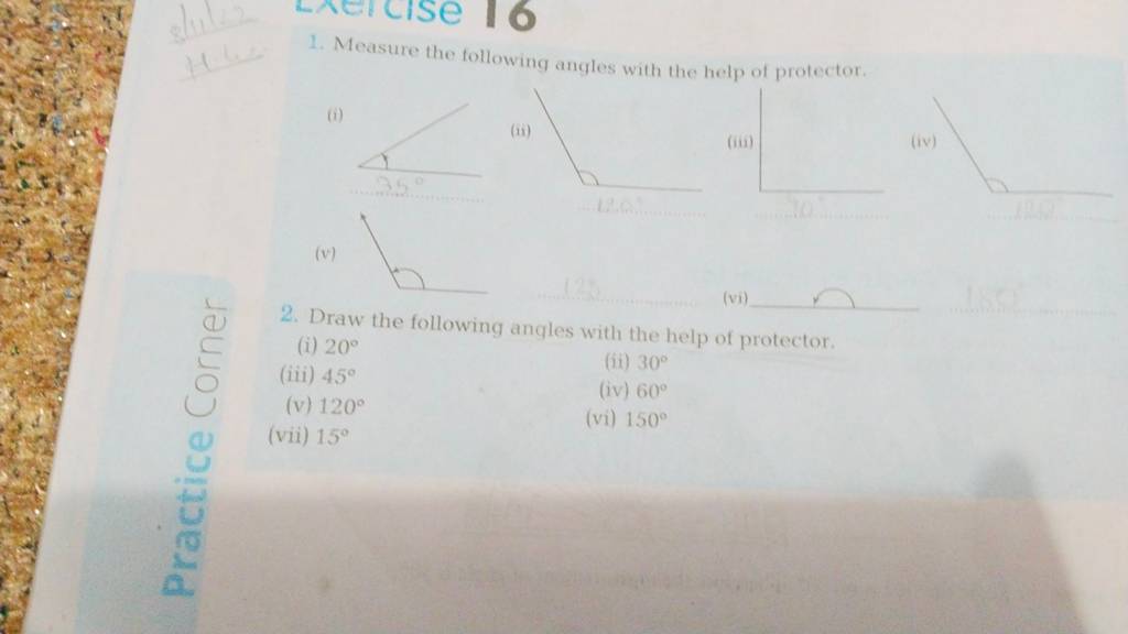 1. Measure the following angles with the help of protector. (1) (ii) (iii..