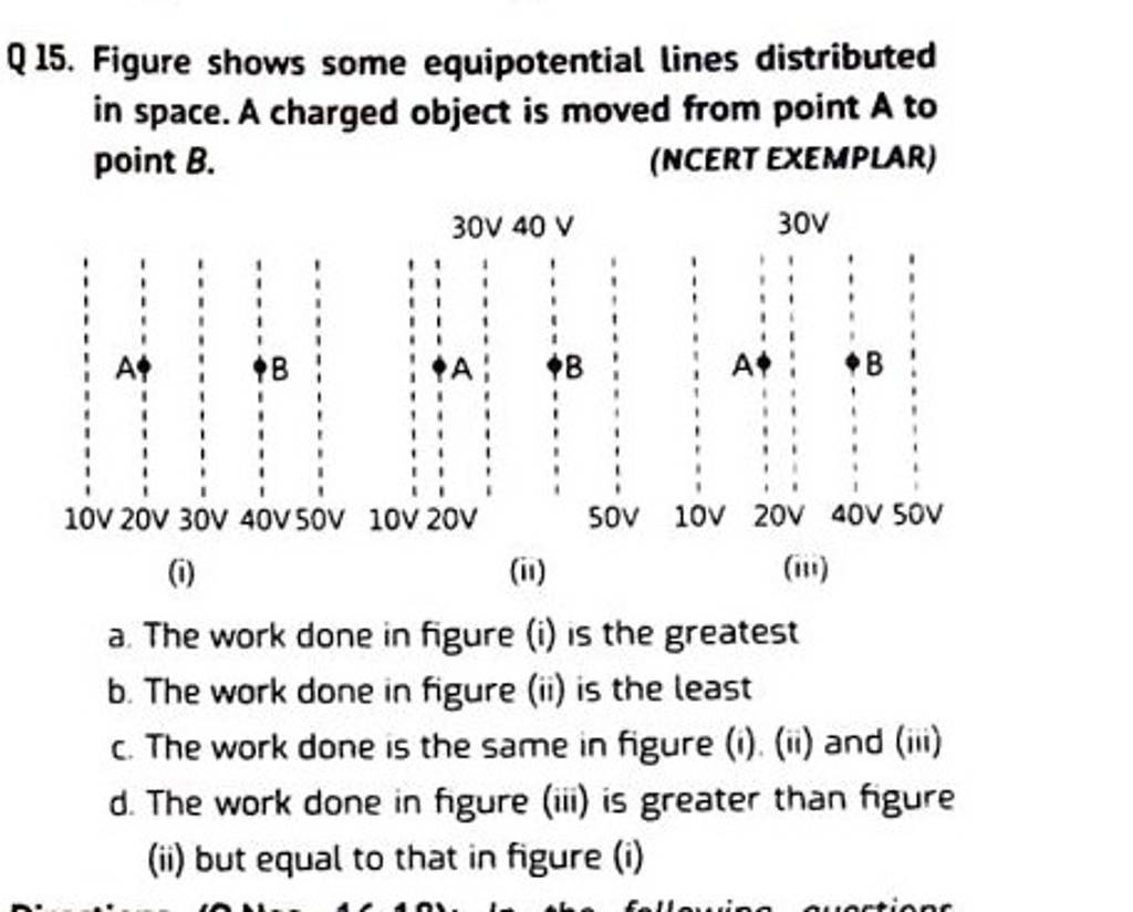 Q15. Figure shows some equipotential lines distributed in space. A charge..