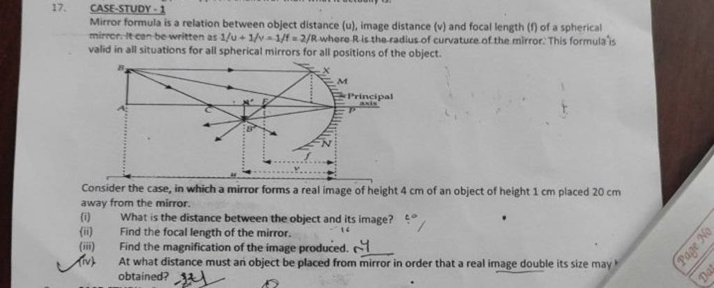 CASE-STUDY-1 Mirror formula is a relation between object distance (u), im..