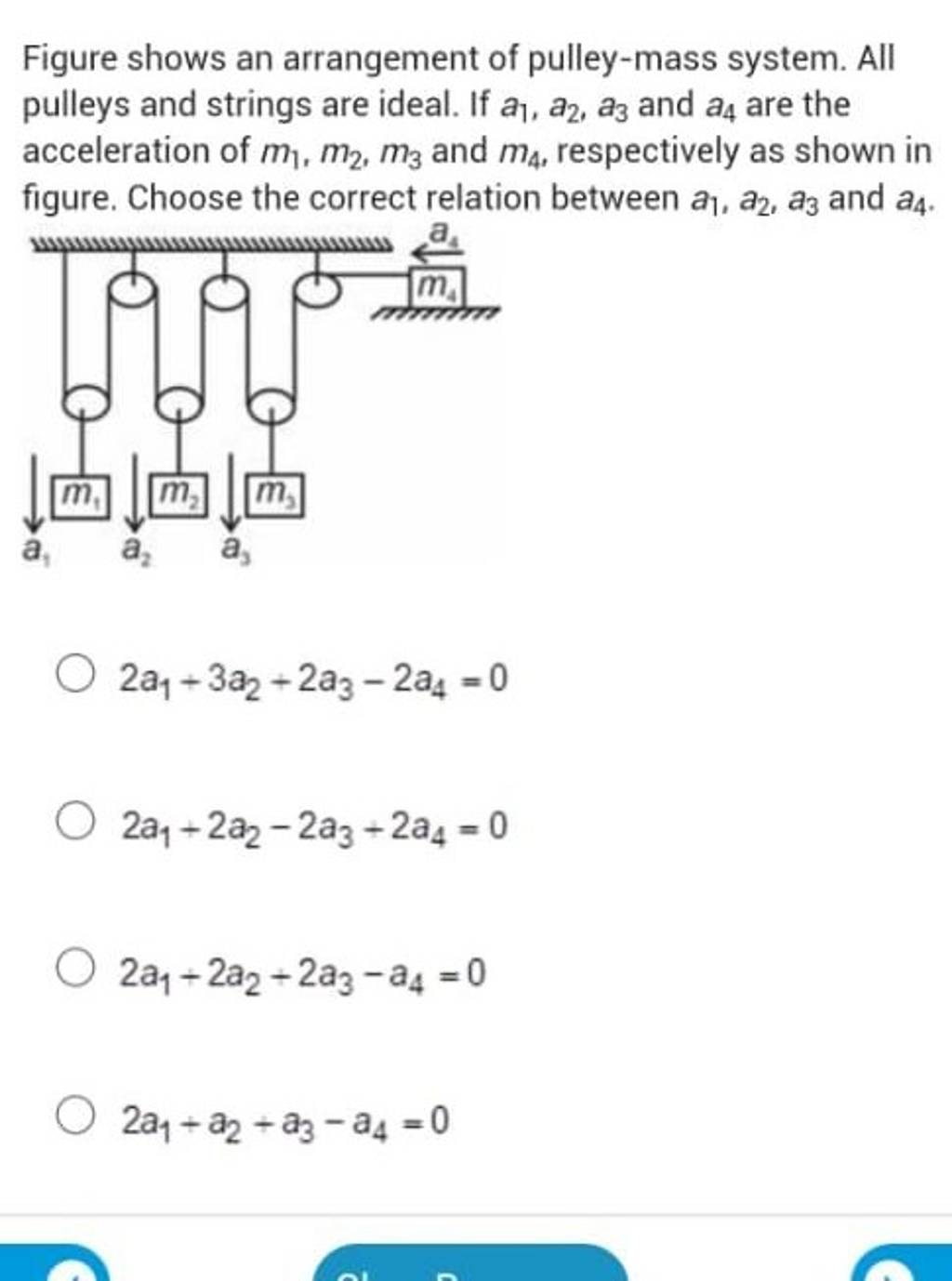 Figure shows an arrangement of pulley-mass system. All pulleys and string.. Figure shows an arrangement of pulley-mass system. All pulleys and string..