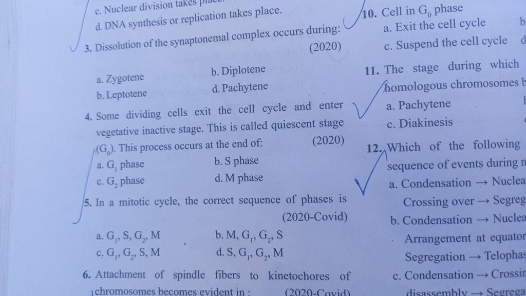 In a mitotic cycle, the correct sequence of phases is Crossing over → Seg..