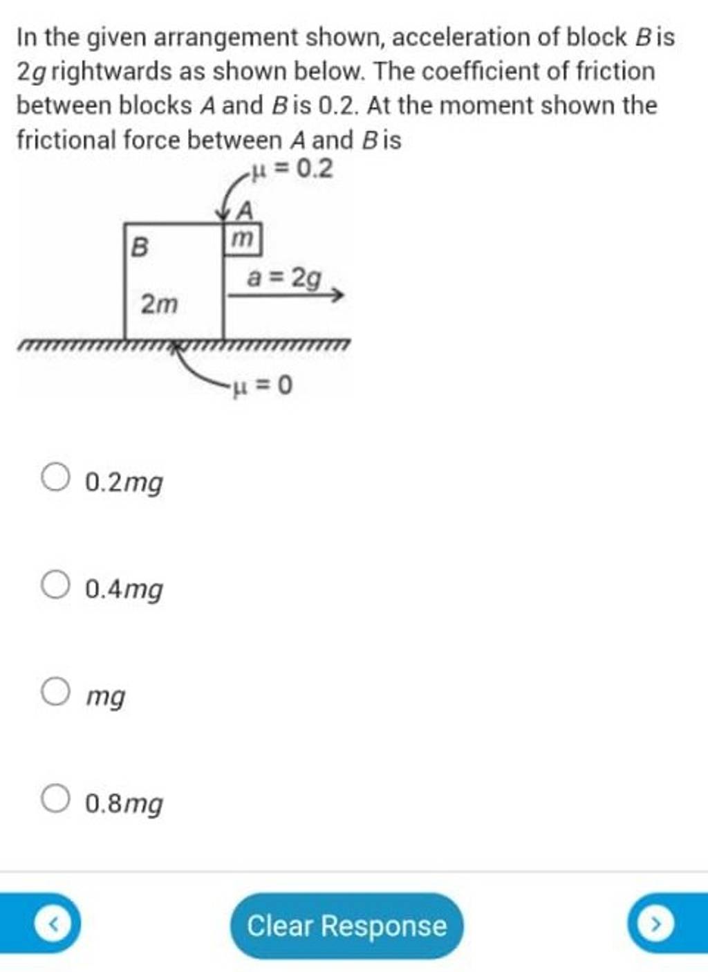 In the given arrangement shown, acceleration of block B is 2g rightwards In the given arrangement shown, acceleration of block B is 2g rightwards