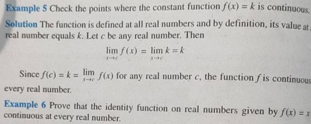 Example 5 Check the points where the constant function f(x)=k is continuo..