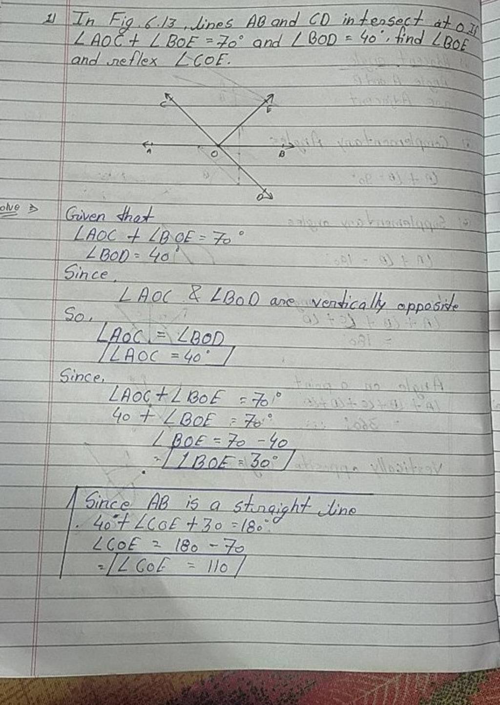1) In Fig 6.13, lines AB and CD intersect at 0 in ∠AOC+∠BOE=70∘ and ∠BOD=..