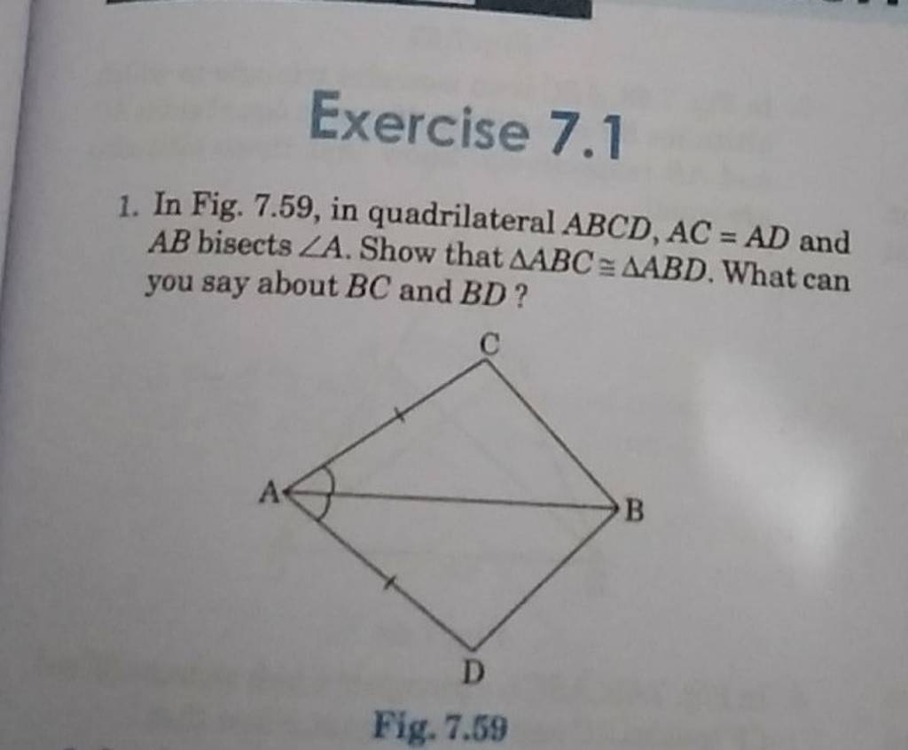Exercise 7.1 1. In Fig. 7.59, in quadrilateral ABCD,AC=AD and AB bisects