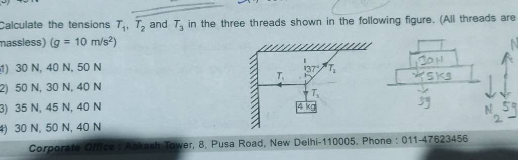 Calculate the tensions T1 ,T2 and T3 in the three threads shown in the