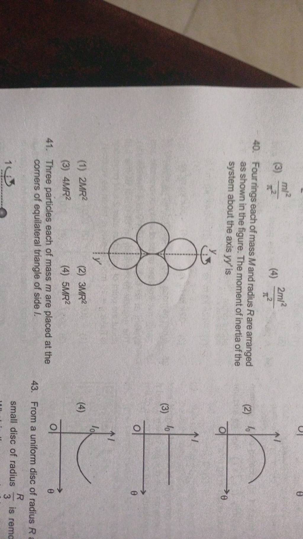 40. Four rings each of mass M and radius R are arranged as shown in the f.. 40. Four rings each of mass M and radius R are arranged as shown in the f..