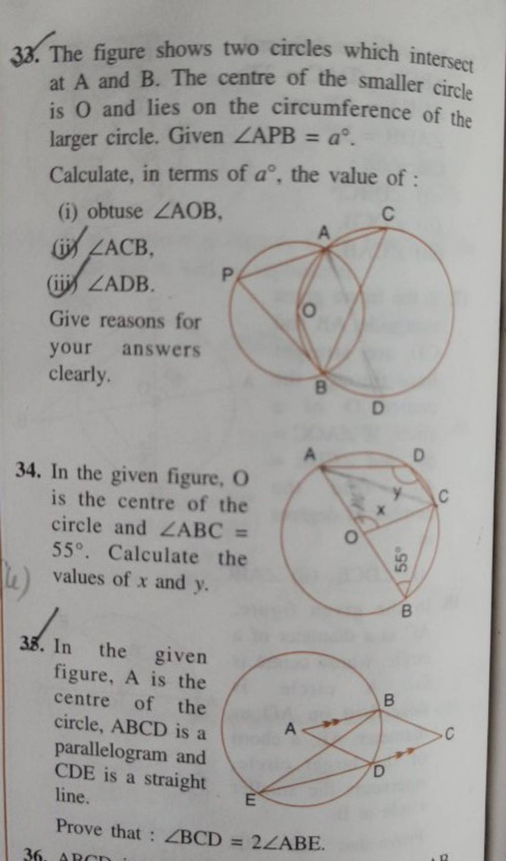 33. The figure shows two circles which intersect at A and B. The centre o..