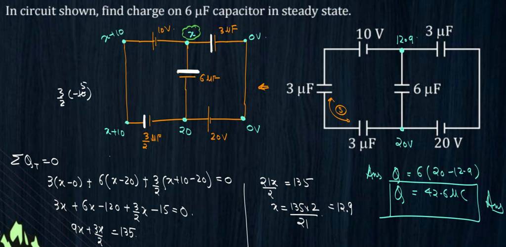 In circuit shown, find charge on 6μF capacitor in steady state. | Filo