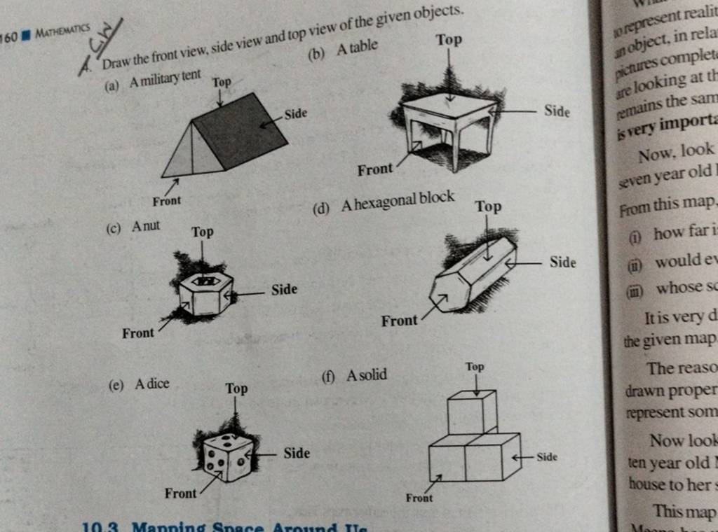 A. Draw the front view, side view and top view of the given objects. (a)