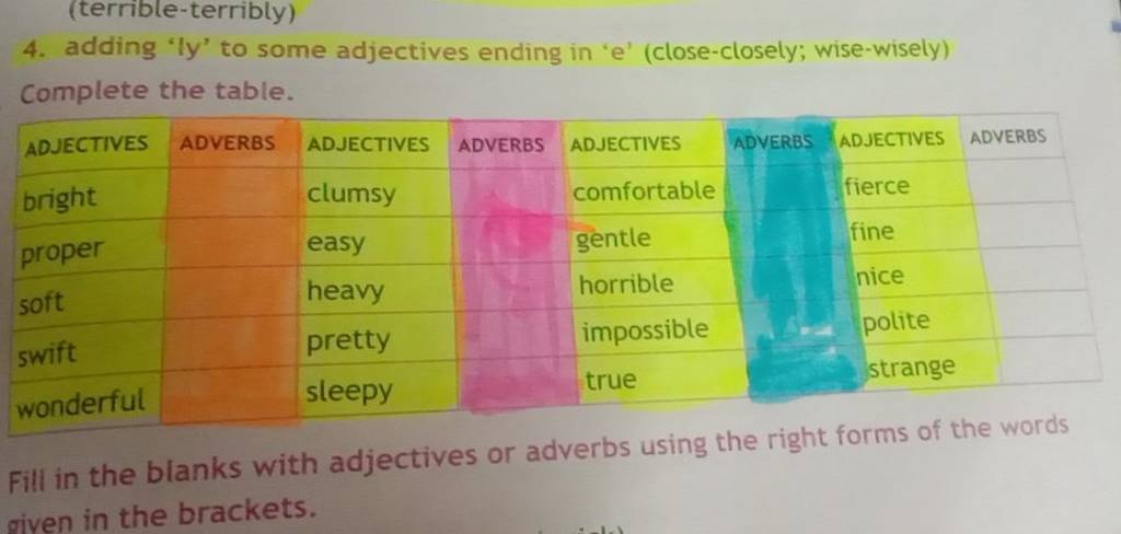 (terrible-terribly) 4. adding 'ly' to some adjectives ending in ' e ' (cl..