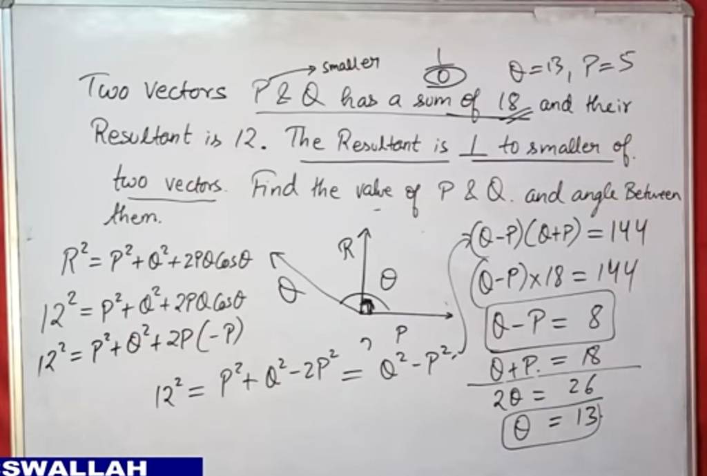 Two vectors PQ Q smever 01 θ=13,P=5 Resultant is 12. The Resultant is 1