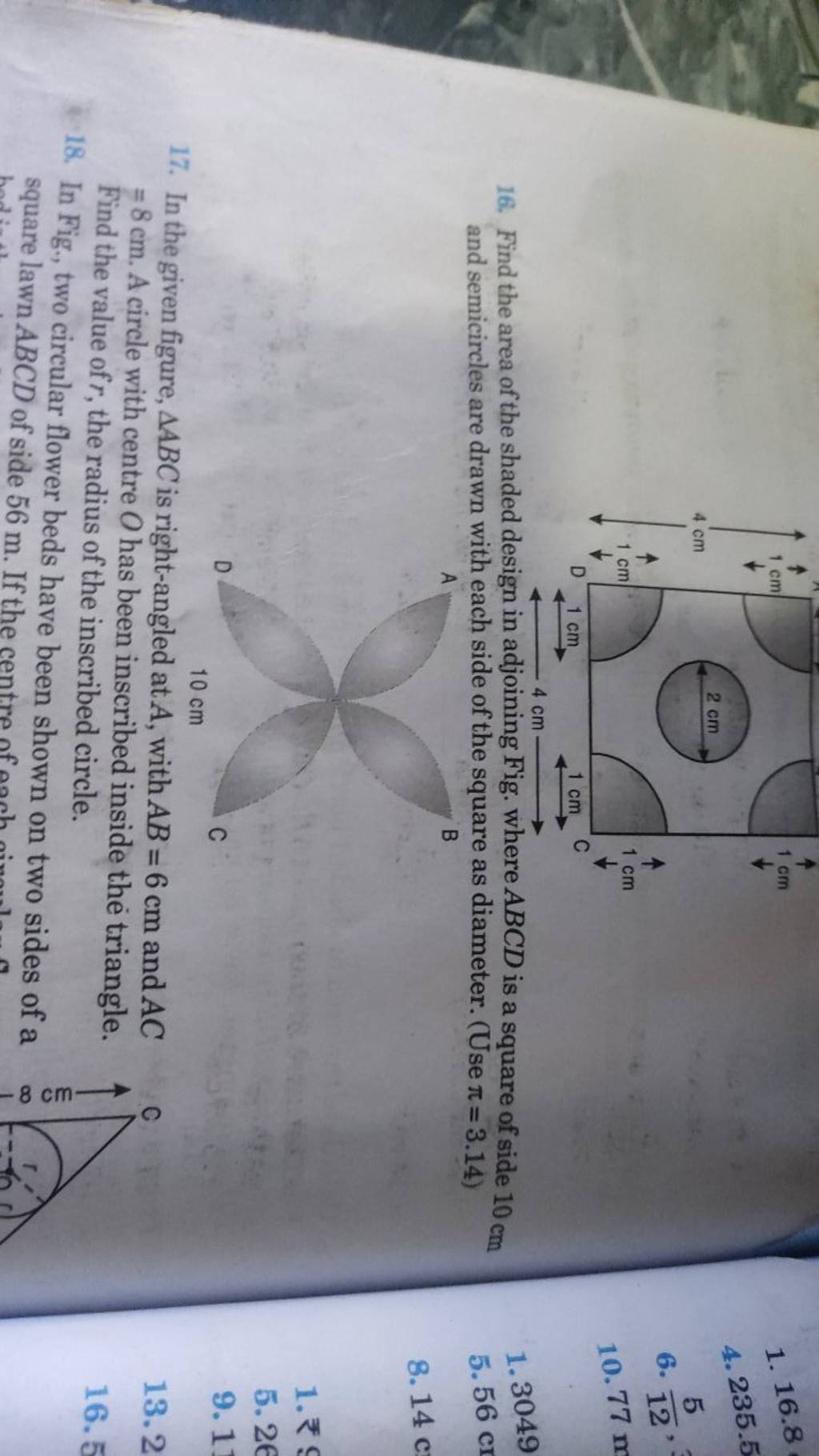 16. Find the area of the shaded design in adjoining Fig. where ABCD is a