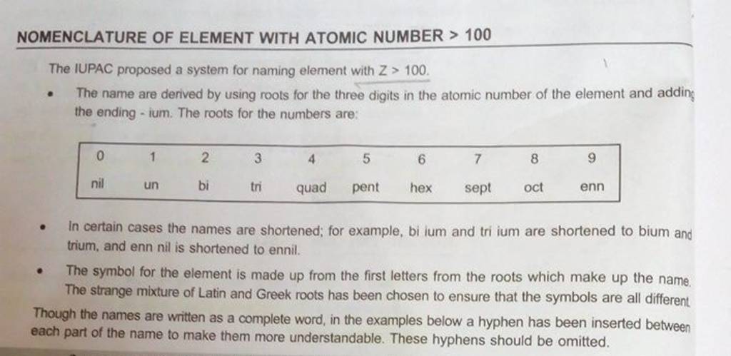 NOMENCLATURE OF ELEMENT WITH ATOMIC NUMBER >100 The IUPAC proposed a syst..