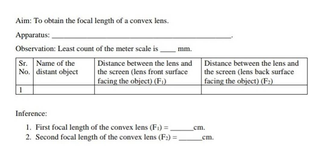 Aim: To obtain the focal length of a convex lens. Apparatus: Observation:..