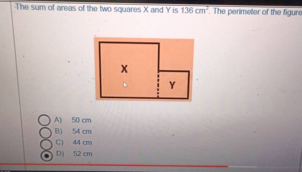 The sum of areas of the two squares X and Y is 136 cm2. The perimeter of