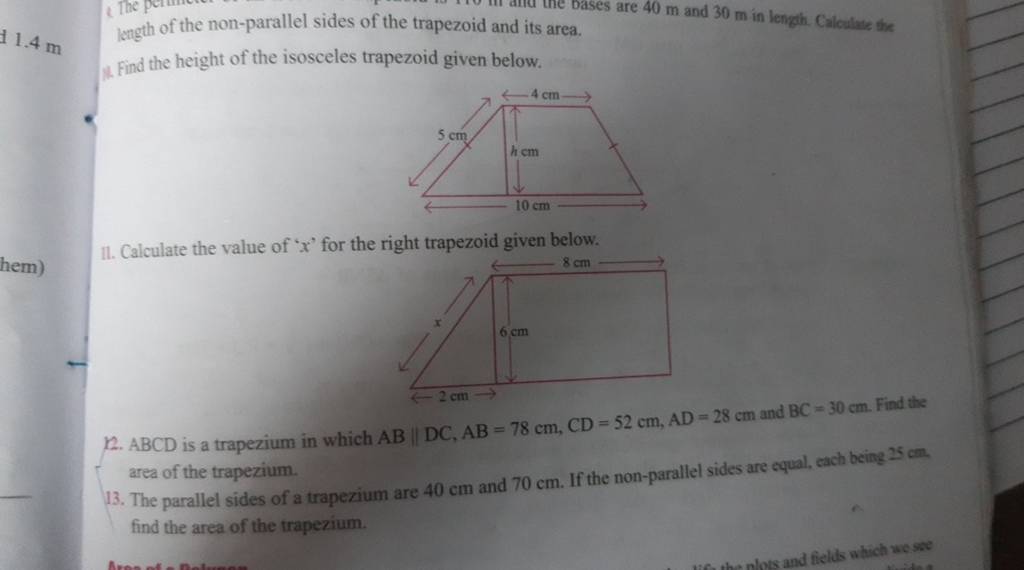 1.4 m length of the non-parallel sides of the trapezoid and its area. 11...
