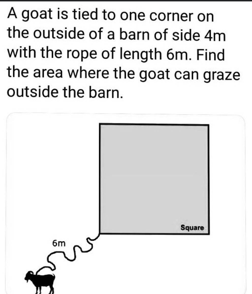 A goat is tied to one corner on the outside of a barn of side 4 m with th..