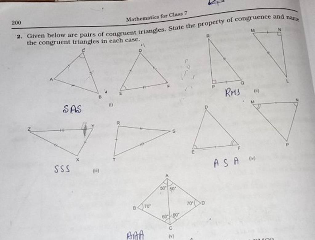 200 2. Given below are pairs of congruent triangles. S the congruent tria..