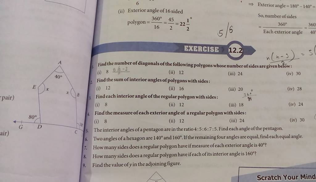 (ii) Exterior angle of 16 sided polygon =16360∘ =245 =2221 ∘ | Filo