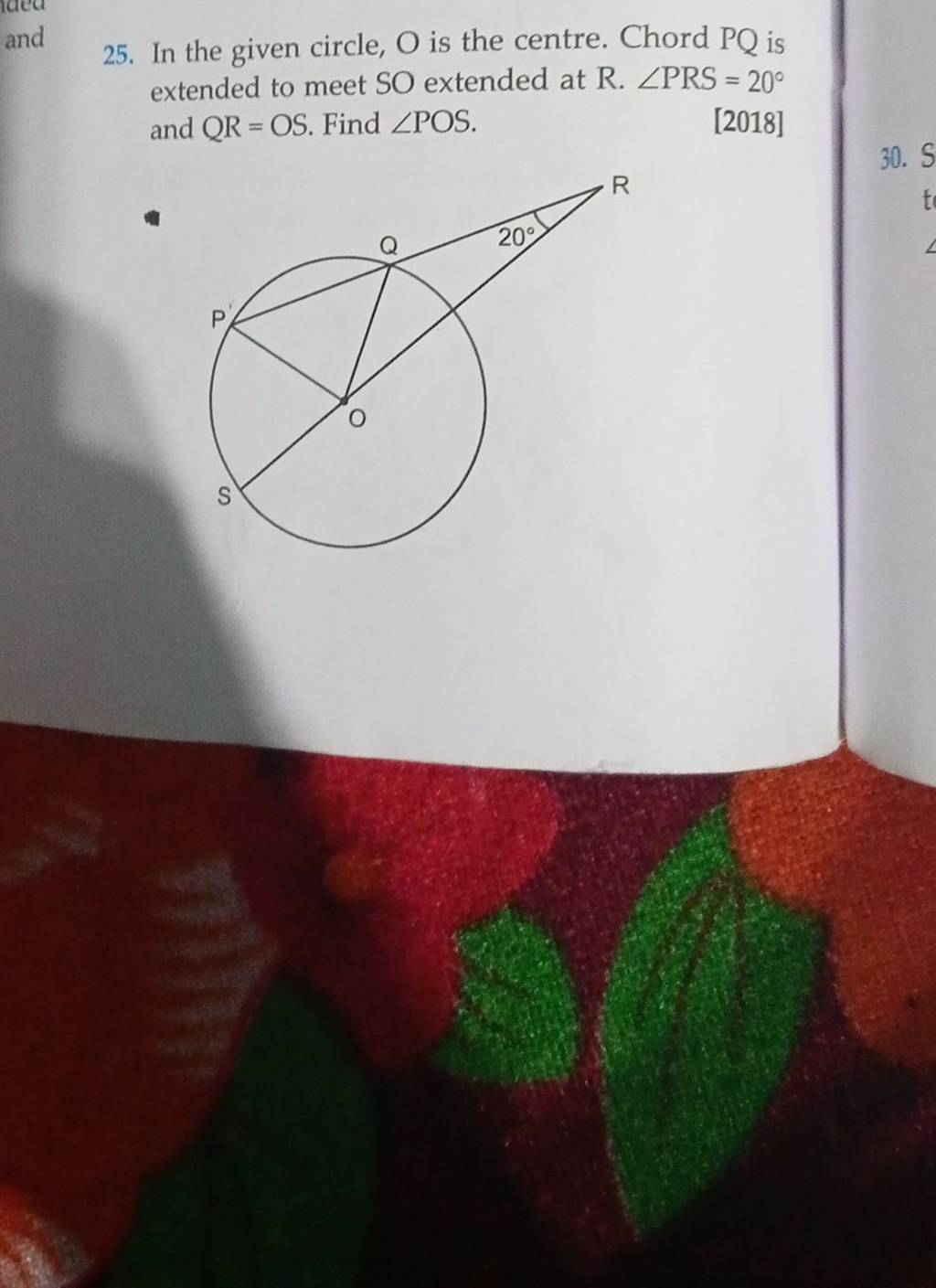 25. In the given circle, O is the centre. Chord PQ is extended to meet SO..