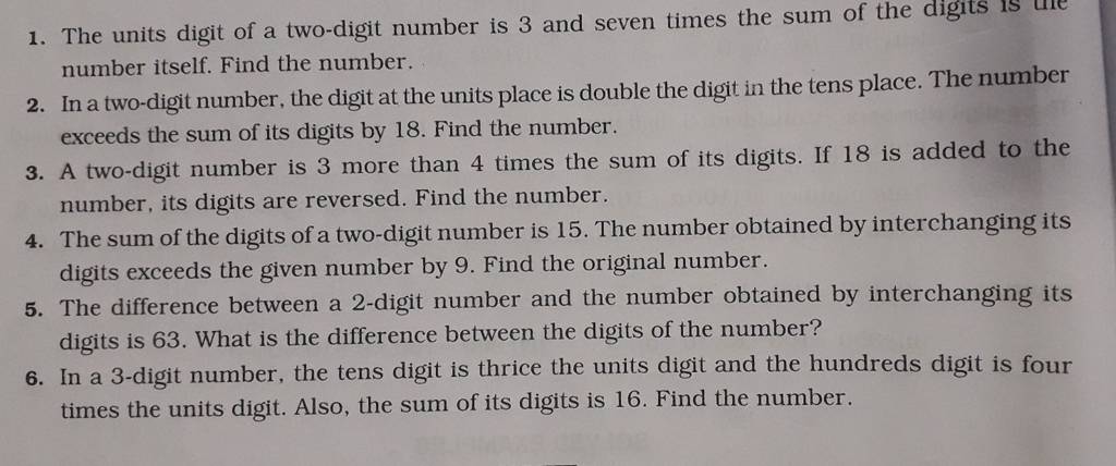 1. The units digit of a two-digit number is 3 and seven times the sum of