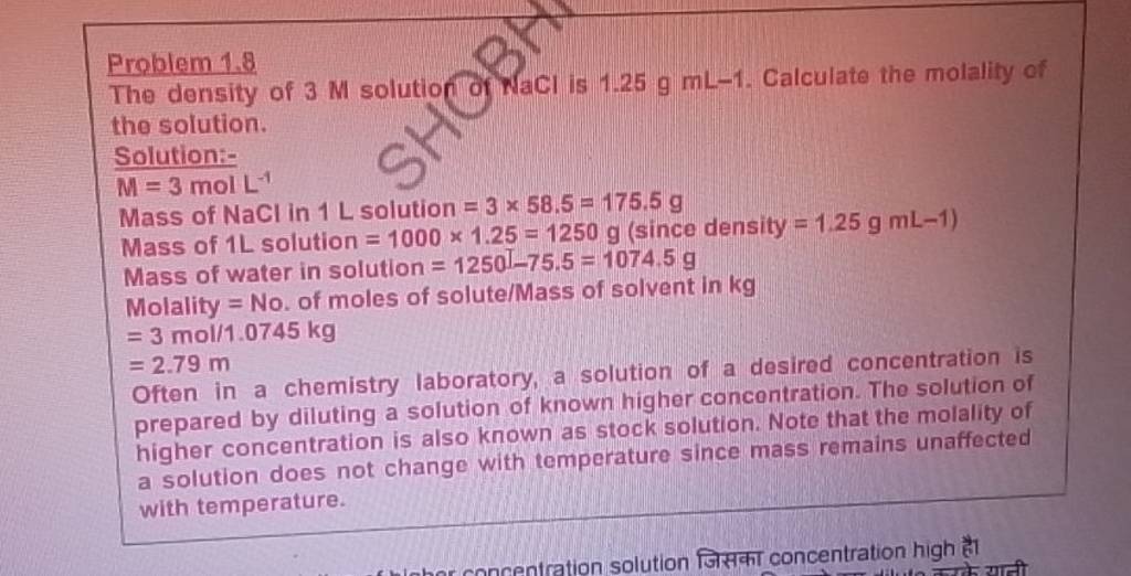 The density of 3M solution of NaCl is 1.25 g mL−1. Calculate the molality..