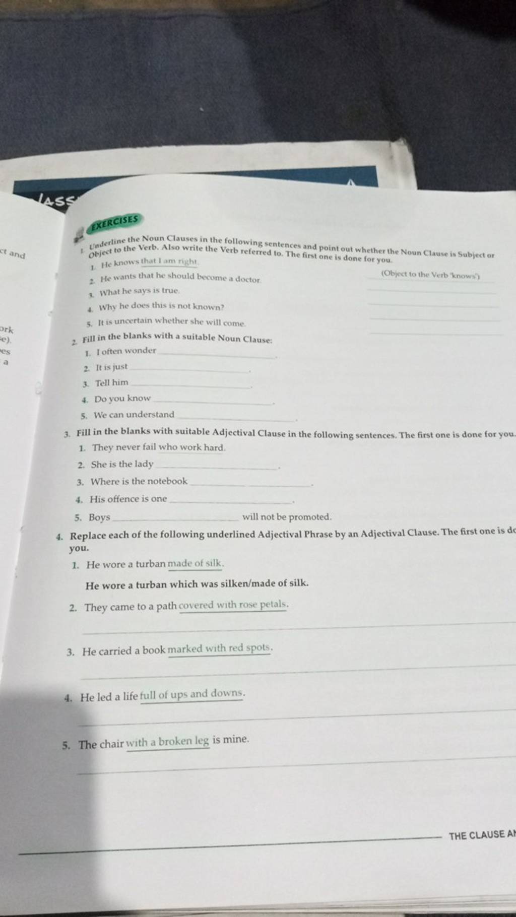 14ss EXERCISES Underline the Noun Clauses in the following sentences and