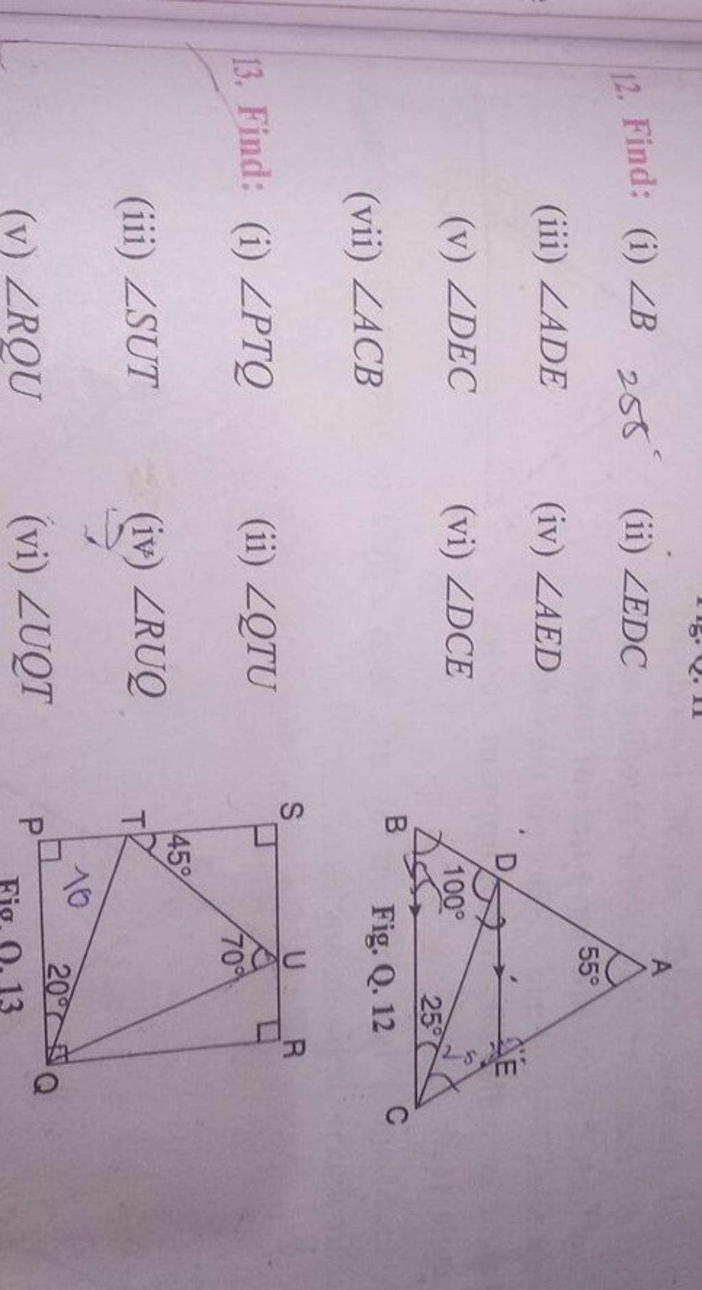 12. Find: (i) ∠B255∘ (ii) ∠EDC (iii) ∠ADE (iv) ∠AED (v) ∠DEC (vi) ∠DCE (v..