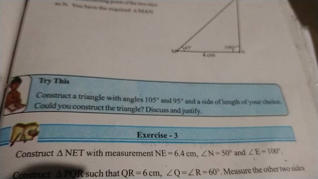 Try This Construct a triangle with angles 105∘ and 95∘ and a side of leng..