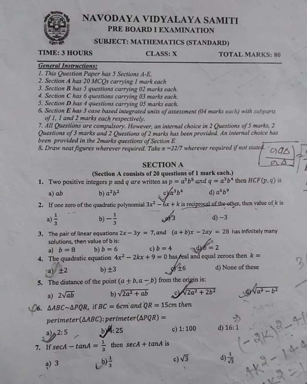 NAVODAYA VIDYALAYA SAMITI PRE BOARD I EXAMINATION SUBJECT: MATHEMATICS (S..