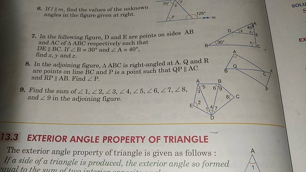 6. If l∥m, find the values of the unknown angles in the figure given at r..