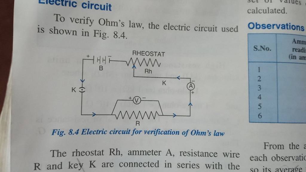 To verify Ohm's law, the electric circuit used is shown in Fig. 8.4. calc..