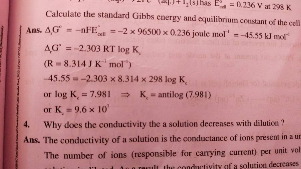 Calculate the standard Gibbs energy and equilibrium constant of the cell