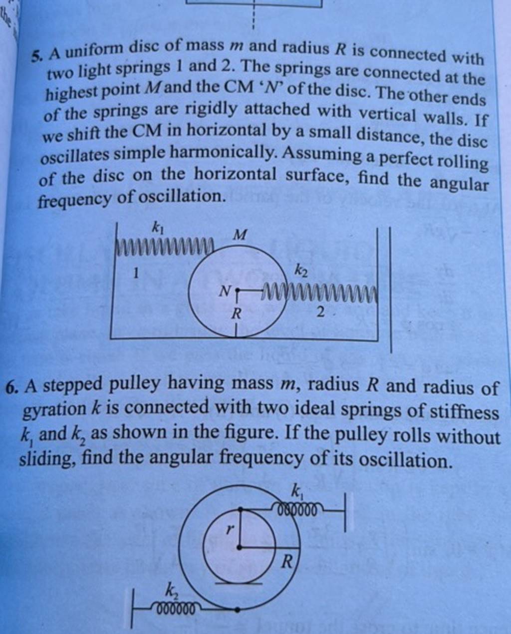5. A uniform disc of mass m and radius R is connected with two light spri..