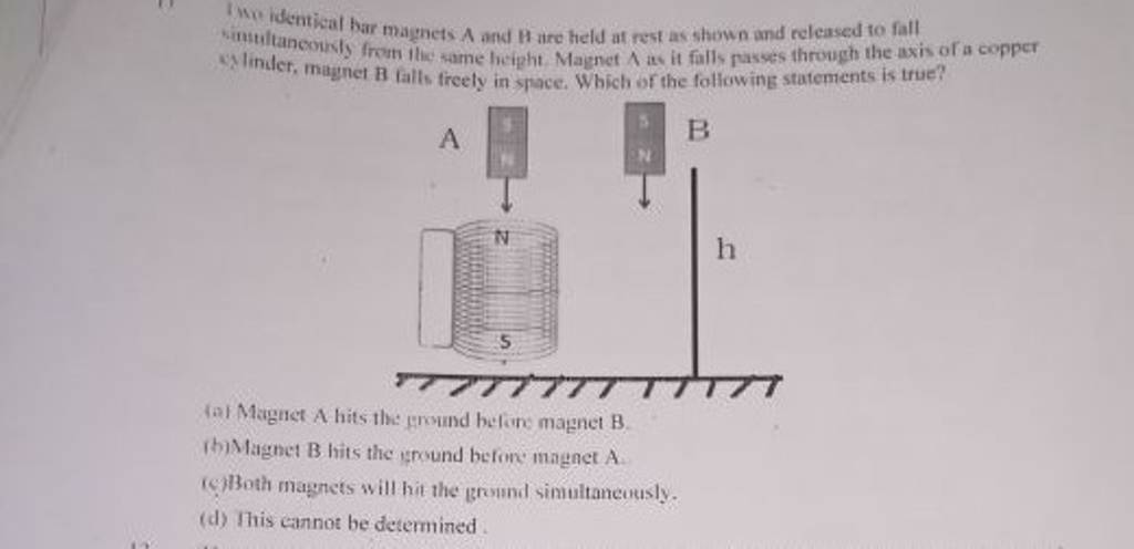 The identical bar magnets A and H are held at rest as shown and released